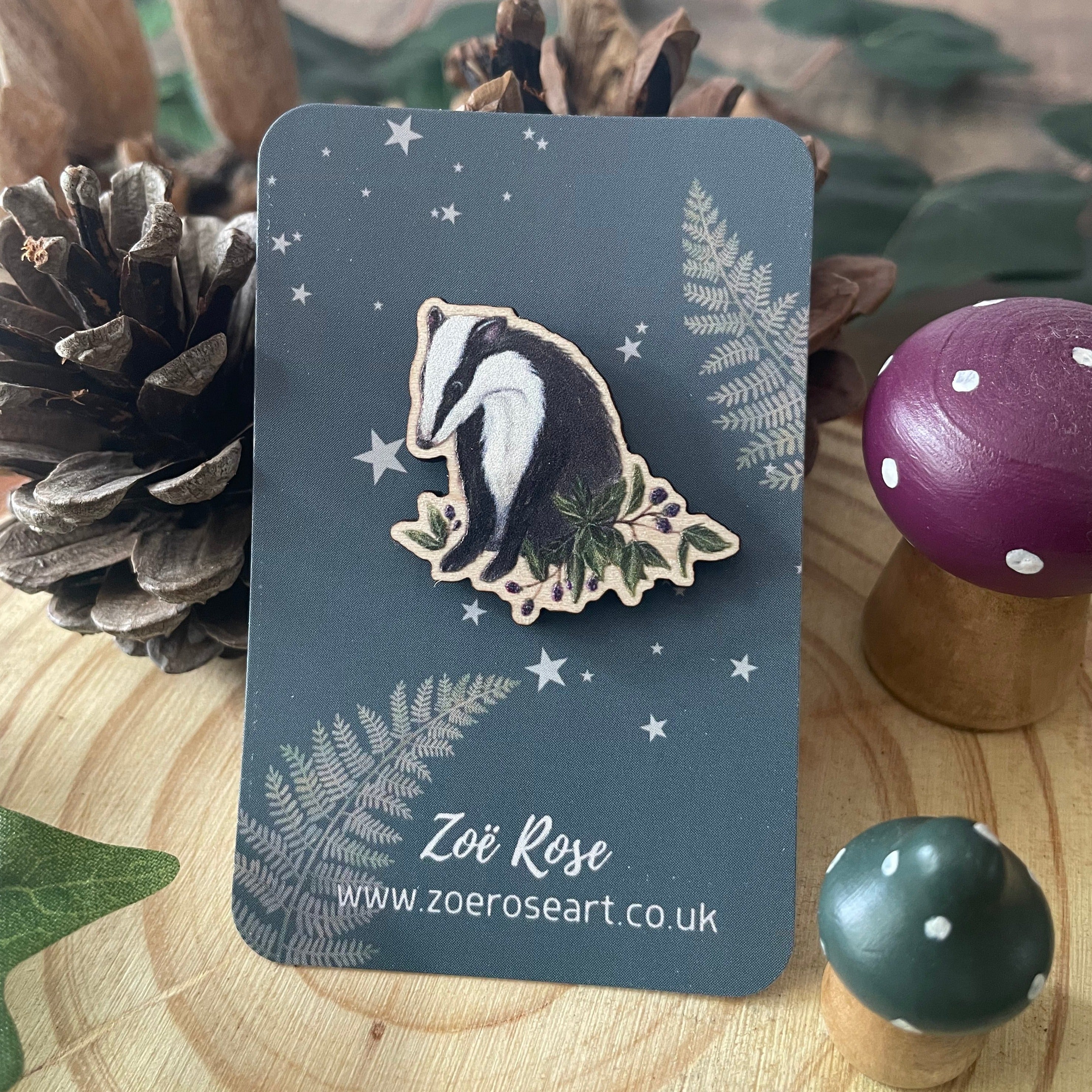Badger Wooden Pin Badge – Zoe Rose